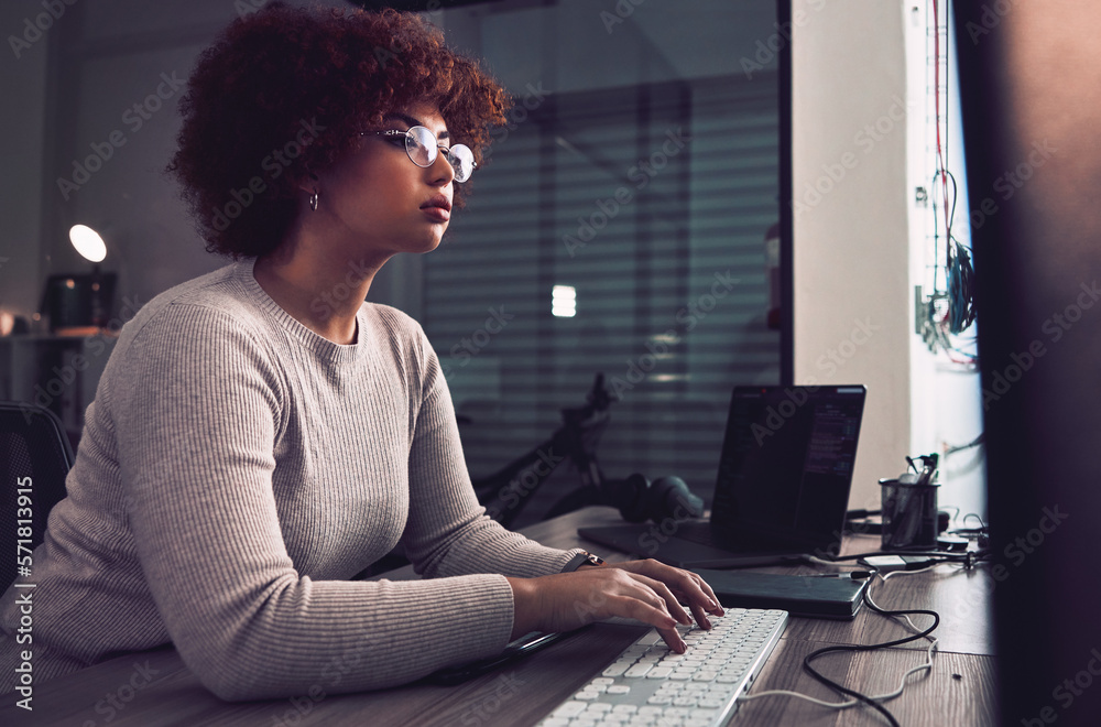 Night, computer typing and black woman programmer, software developer ... Night, computer typing and black woman programmer, software developer ...