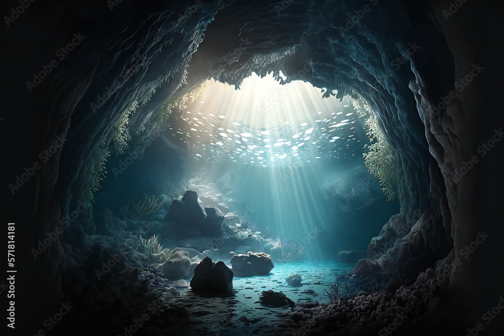 Dark underwater cave with sunlight beams deep sea, nature, sea & ocean ...