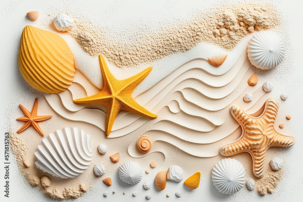 Seashell, starfish and beach sand on white background. Summer holiday ...