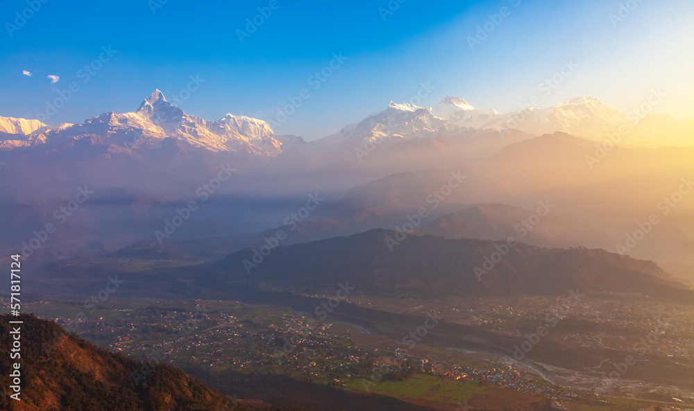 Panoramic view of the Himalayas from Pokhara, Sarangkot Hill. The ...