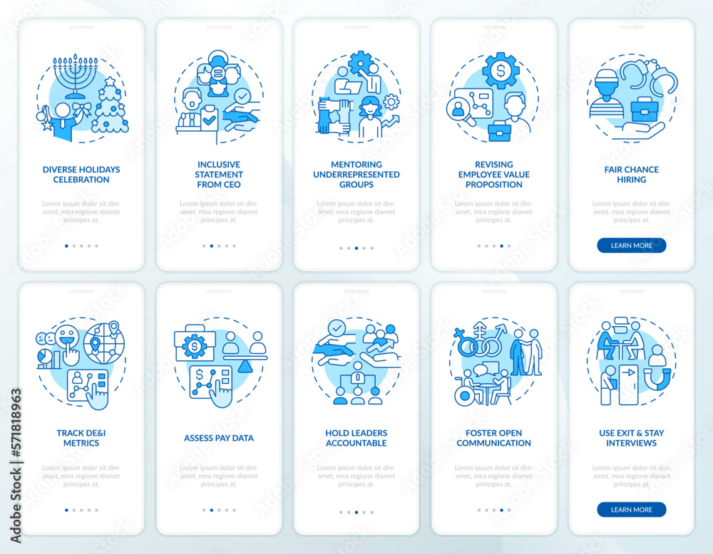 DEI programs for workplace blue onboarding mobile app screens set ...