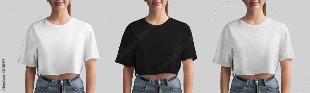 Mockup of white, black, heather crop top on beautiful girl in jeans ...