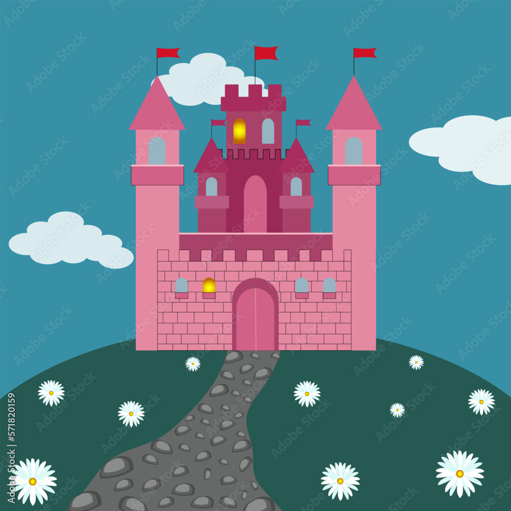 A flat vector illustration of a fabulous cartoon pink castle for a ...