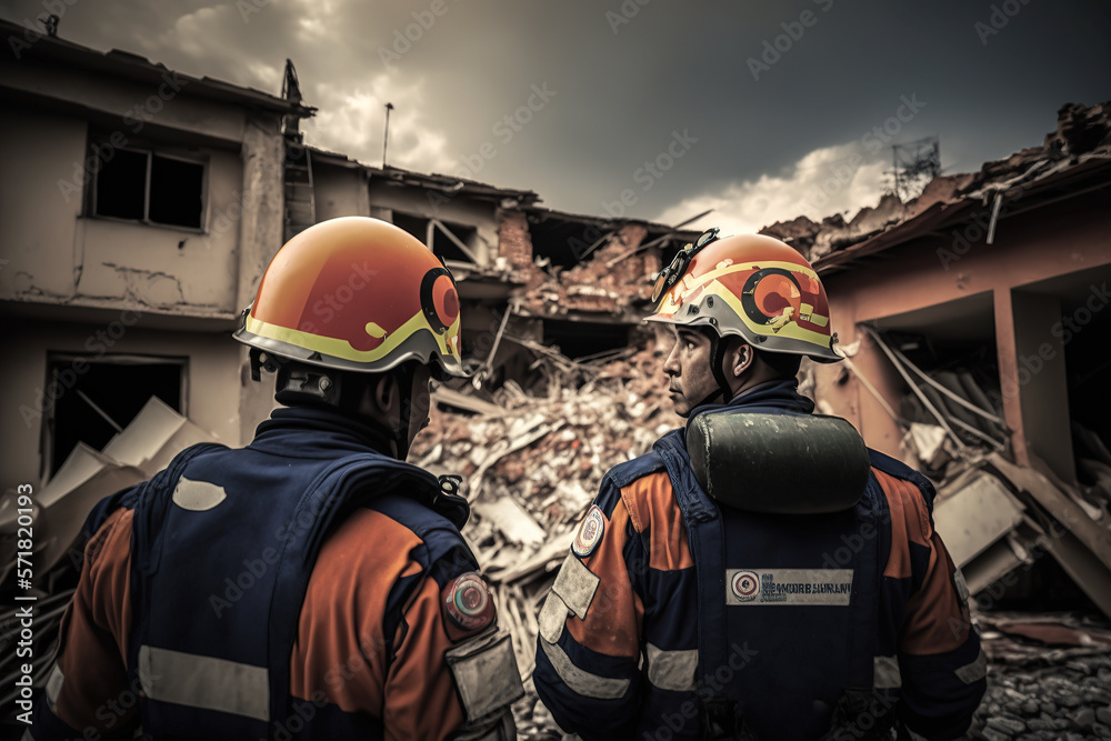 Rescuers in uniform and helmets dismantle the rubble of houses after ...