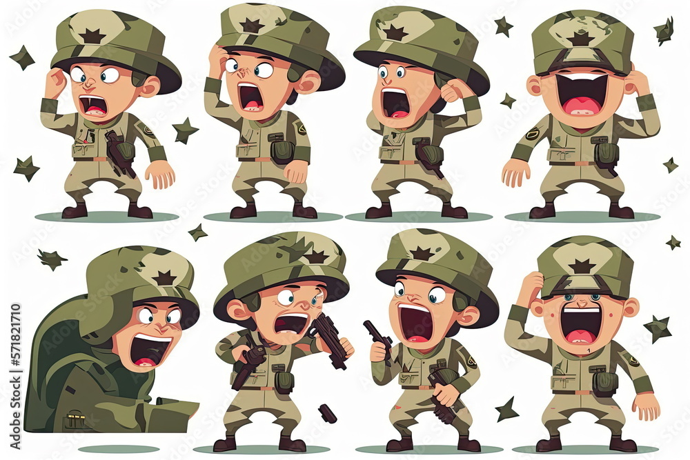 set of army action,cartoon soldier, white background, Made by AI ...