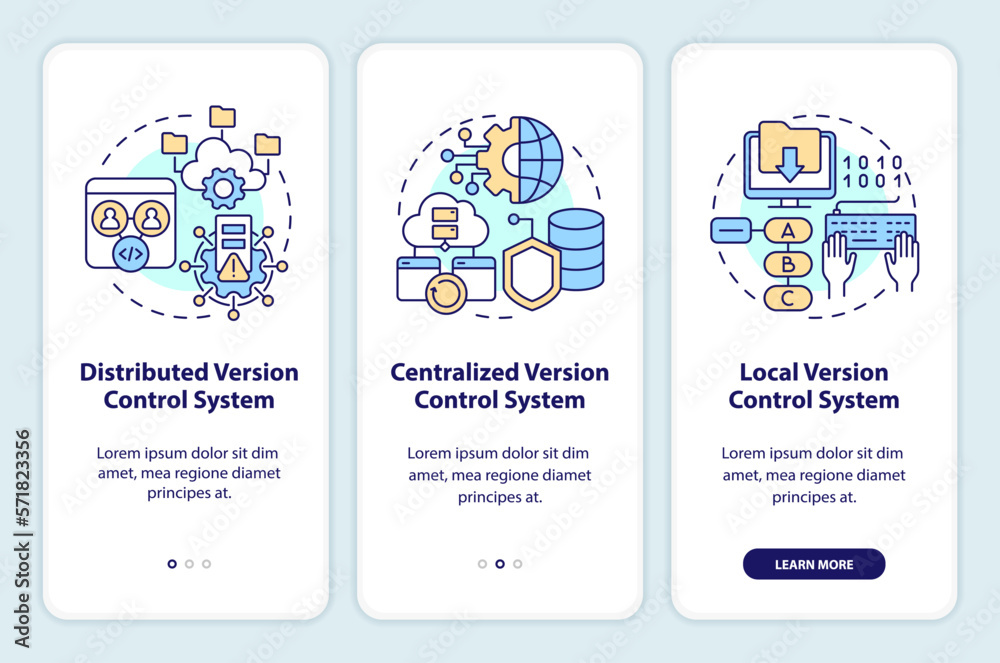 Version control systems types onboarding mobile app screen. Walkthrough ...