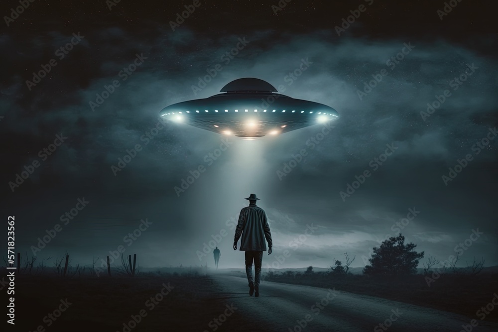 Human being abducted by a UFO at night in the woods. Concept: Dark ...