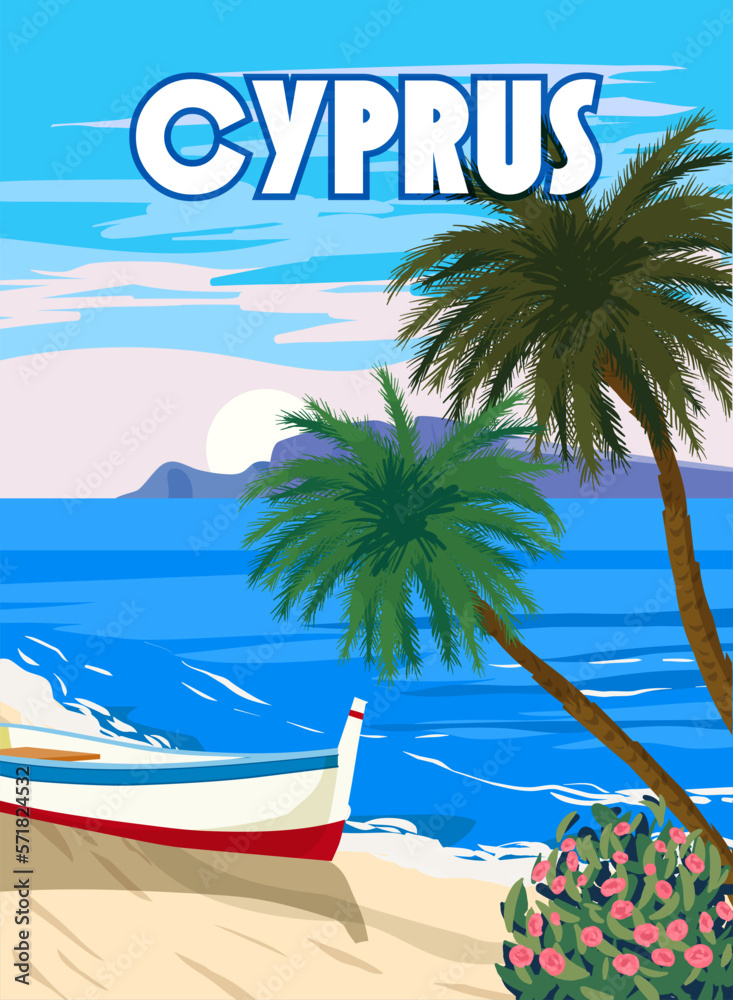 Cyprus Poster Travel, Greek seascape, beach, palms, boat, poster ...