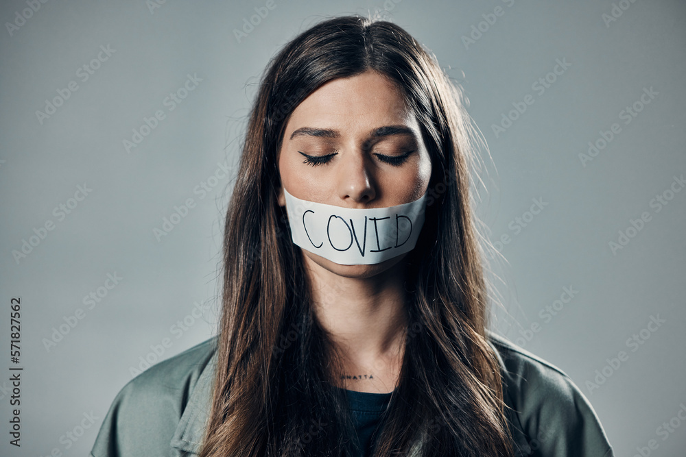 Woman, tape and mouth with silence for protest, social activism and ...