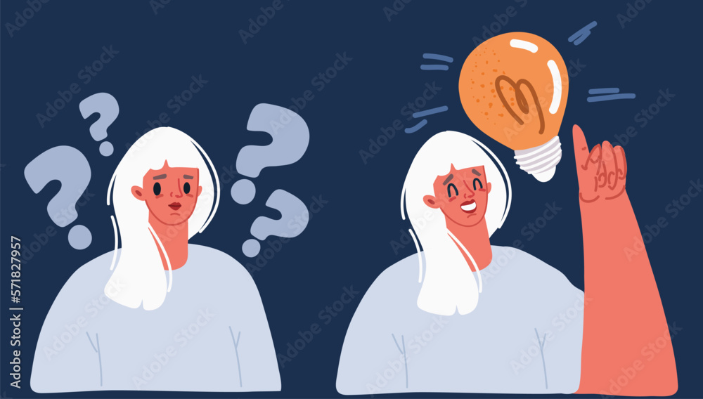 Cartoon vector illustration of Question mark. Woman asking questions ...
