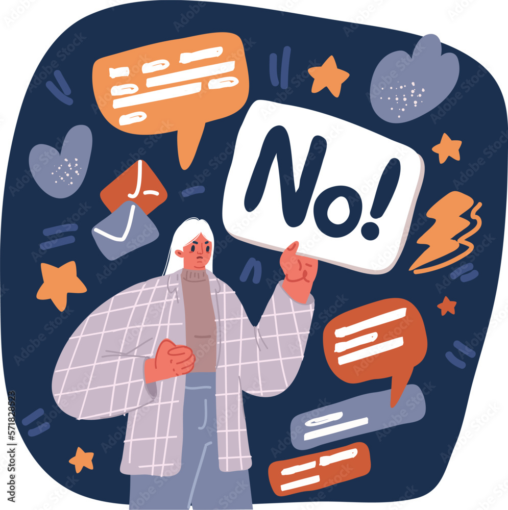 Vector cartoon illustration of woman hand with banner No answer choice ...