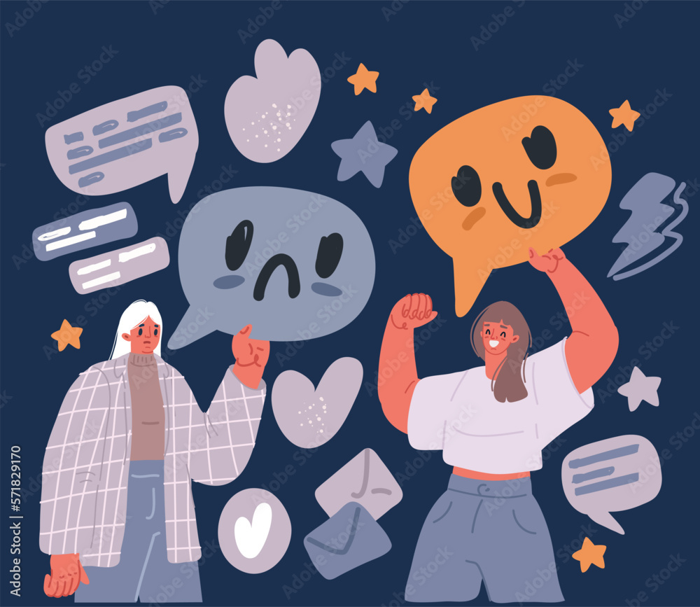 Cartoon vector illustration of woman with negative, neutral and ...