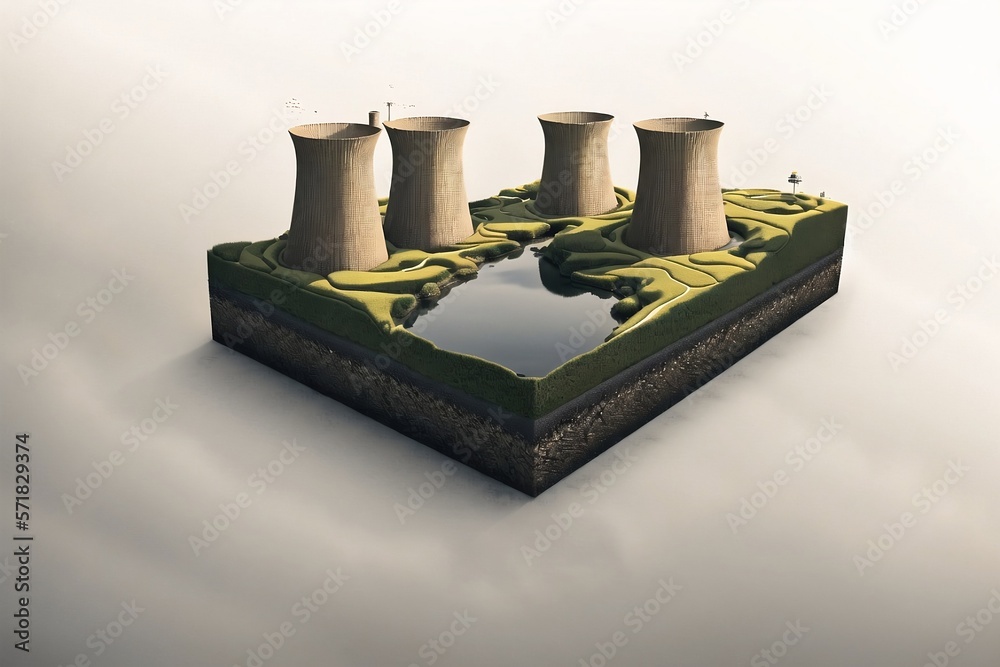 Mini nuclear power plant with a lake and a river - Isometric education ...