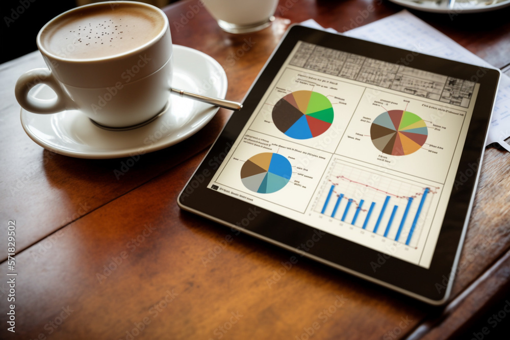 Financial graphs appearing on a tablet screen, a fusion of technology ...