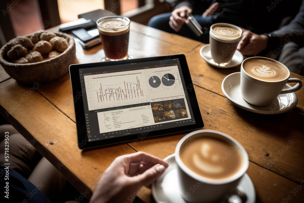 Financial graphs displayed on tablet screens, traders and investors ...