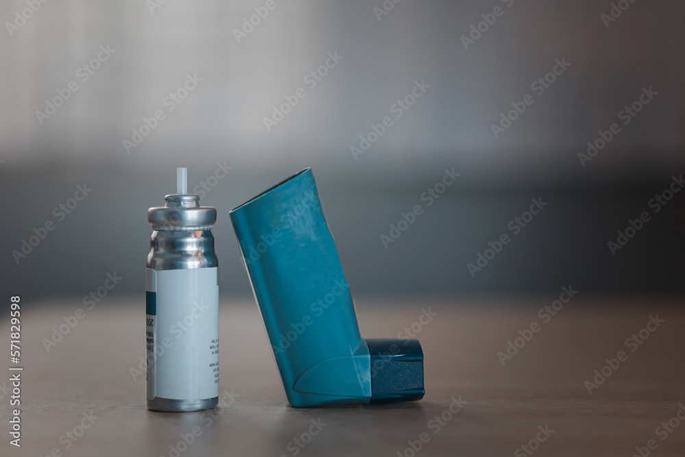 Blue inhaler, also known as pump or allergy spray, medical device for ...