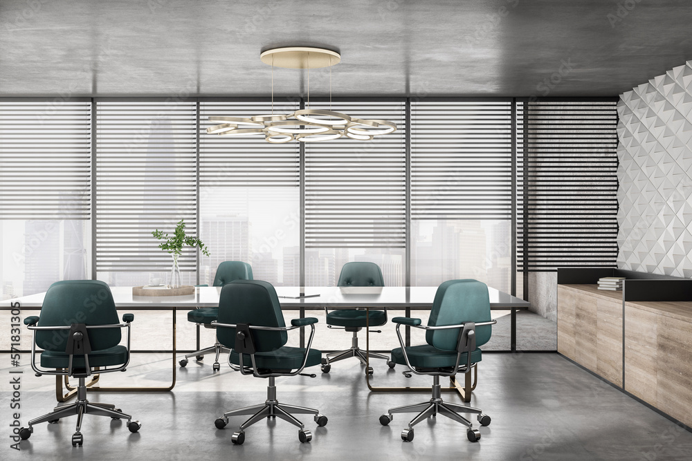 Sunlit spacious meeting room with green chairs around light glossy ...