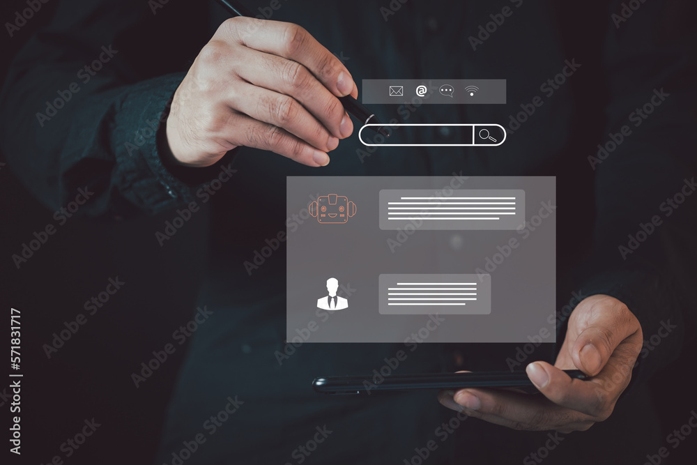 Businessman using smart phone and touching on virtual screen contact ...