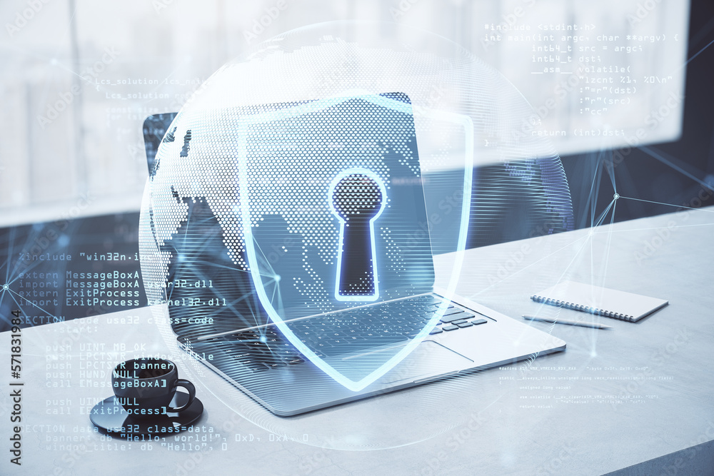 Cyber security and global protection concept with blue guard shield and ...