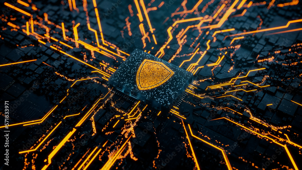 Security Technology Concept with shield symbol on a Microchip. Data flows from the CPU across a ...