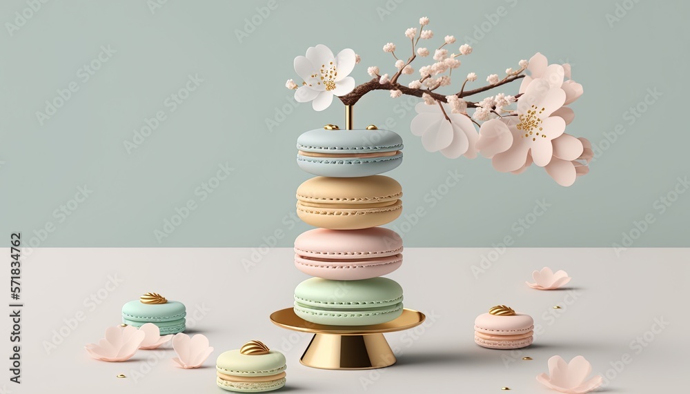 Minimalist 3D render of a pastel-colored macaron tower with gold ...