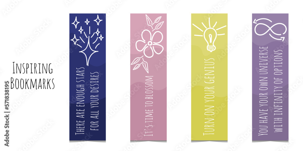 Set of 6 bookmarks with doodle elements and inspiring quotes. White ...