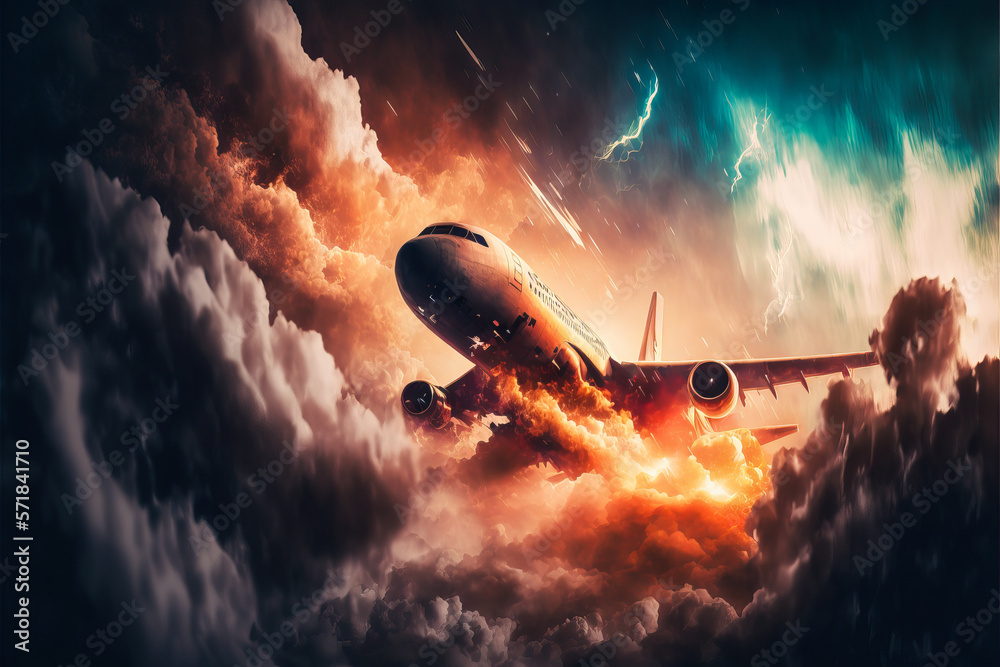 A plane in flight breaks up under the force of flames and smoke ...