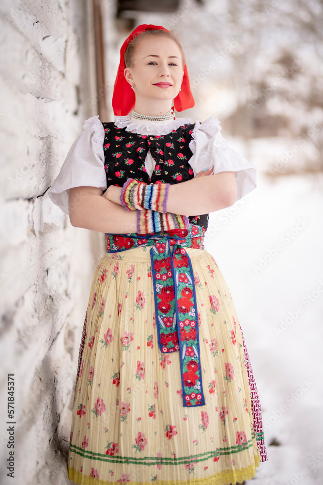 slovak folk costume. Young beautiful slovak woman in traditional dress ...