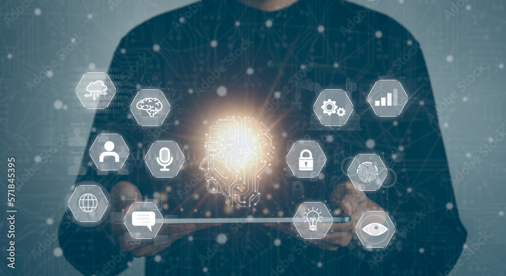 AI icon artificial intelligence above the mobile phone. Machine ...