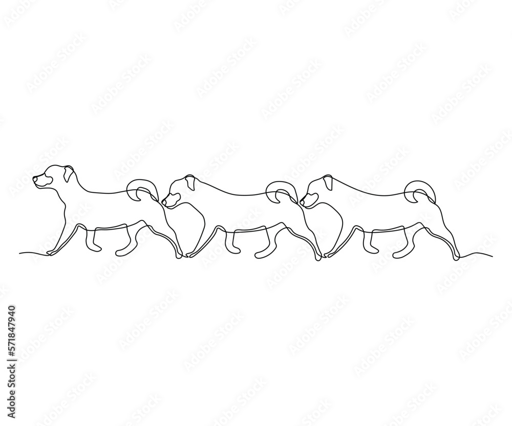 three abstract dogs stand in a row, the first leader and the leader ...