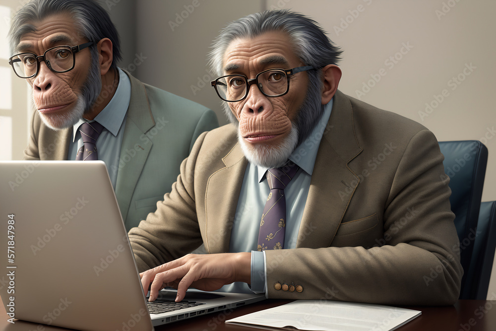 A antropomorhic chimpanzee apes in a suit and tie in role of a ...