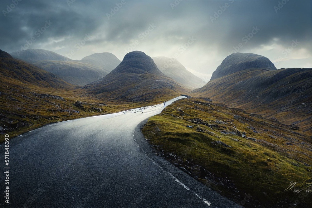 Road winding through Scottish Mountains. Bus driving the road to ...