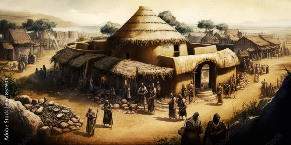 Neolithic village with houses made out of mud and straw. The new stone ...