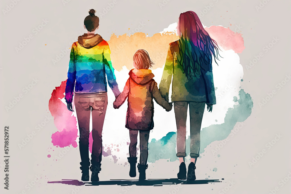 Family happy lgbt mom, dad and child hold hands and step forward ...