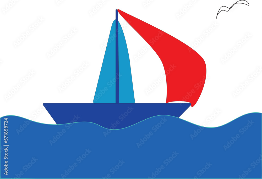 Vettoriale a colori di una barca a vela con lo spinnaker rosso gonfiato ...