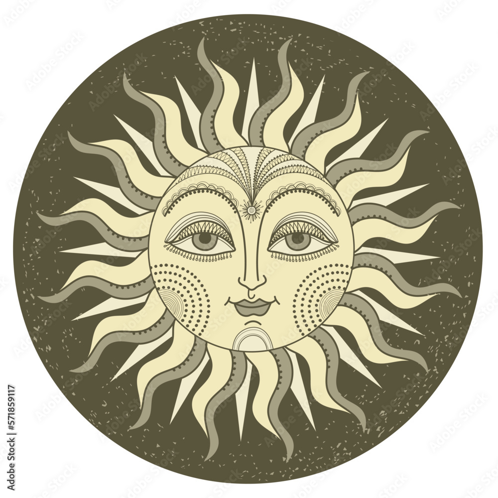 Antique sun symbol with face. Vector vintage sun hand drawn ...