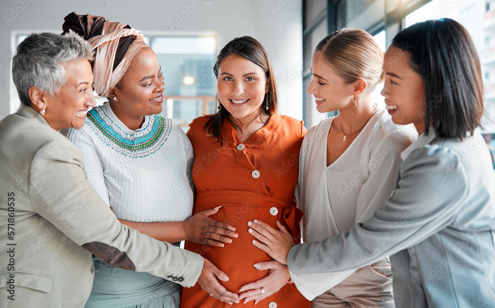 Foto de Pregnant woman, coworkers and smile for touch, stomach and ...