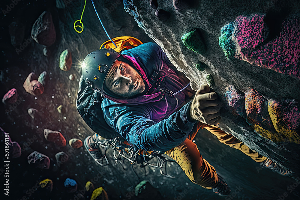 AI generated climber reaching for a hold on a climbing wall or rock ...