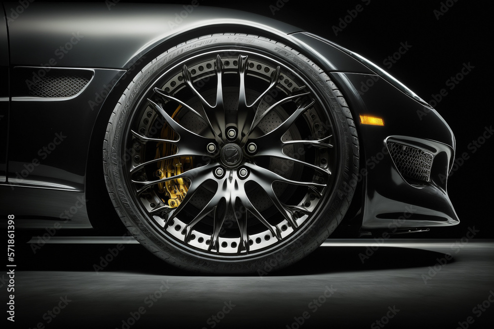 Ground level close-up image of a black sportscar front wheel with light ...