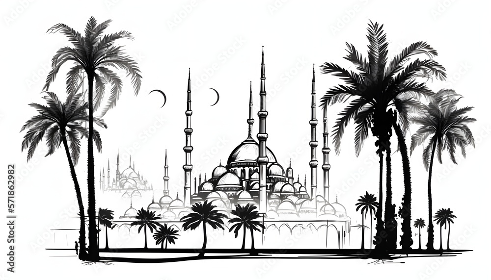 outline sketch a beautiful Mosque illustration with palm trees ...