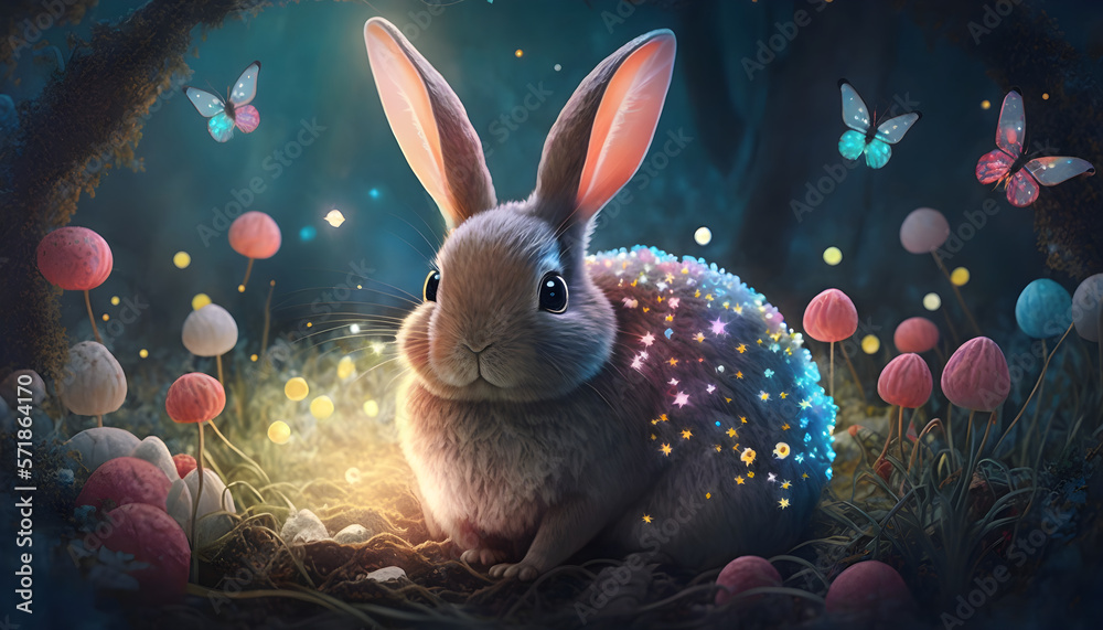 Cute and fluffy bunny in the middle of a magical garden with twinkling ...