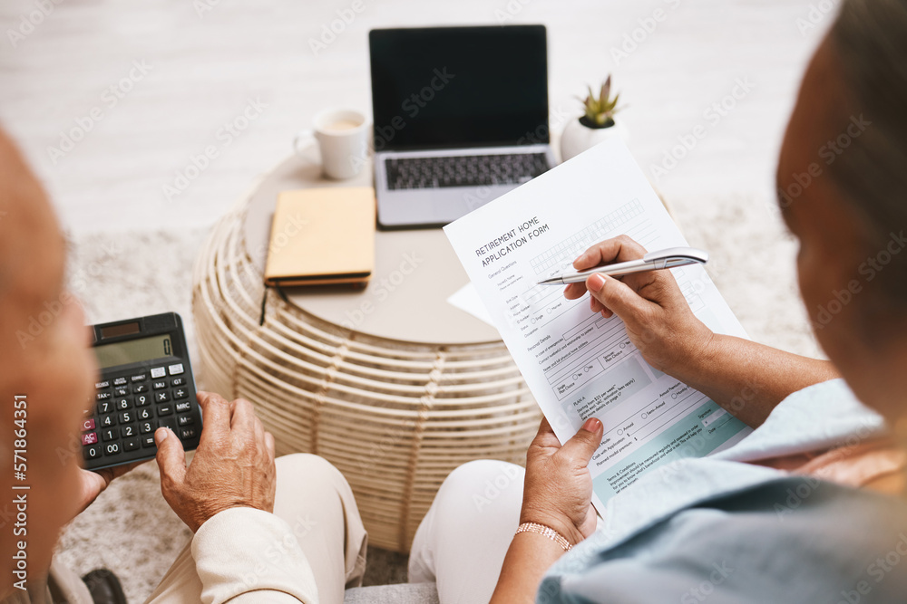 Top view of couple, retirement home application documents and planning ...
