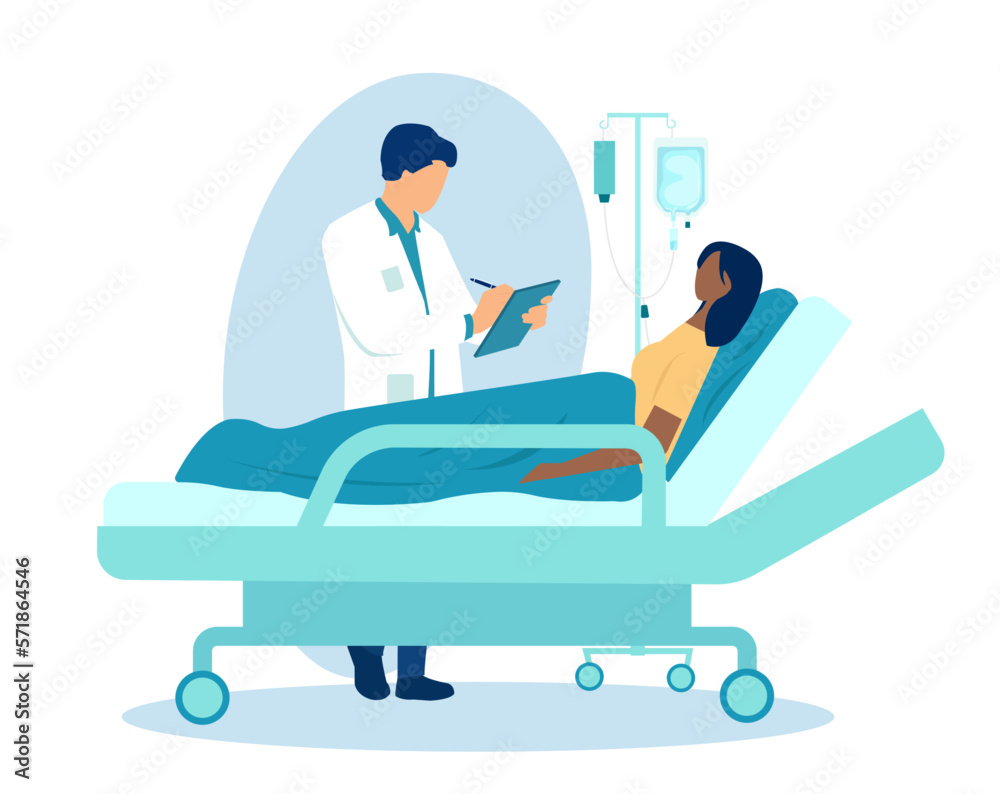 Vector of a doctor checking up on a patient lying on bed with dropper ...