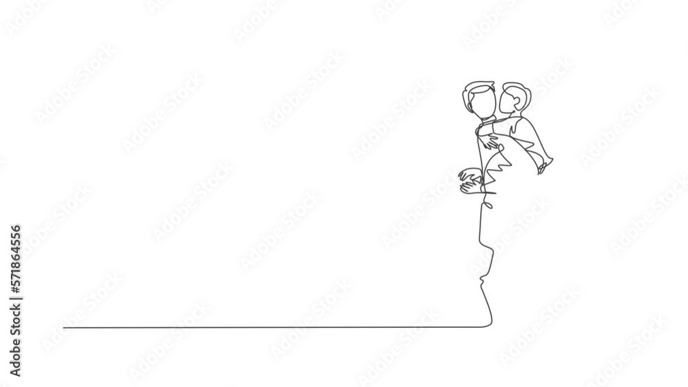 Animation of one line drawing of father talking to his sleepy son while ...