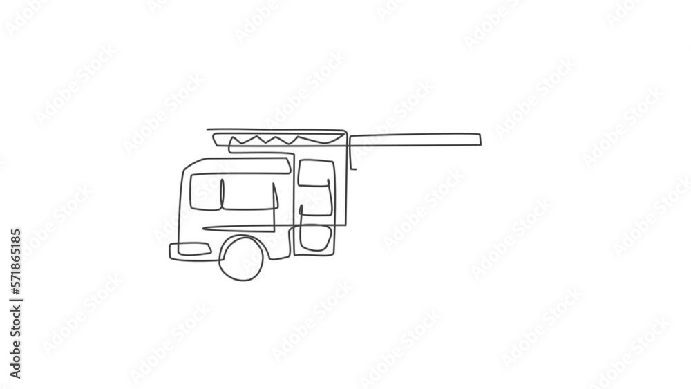 Animation of one line drawing of firetruck with rescue ladder and ...
