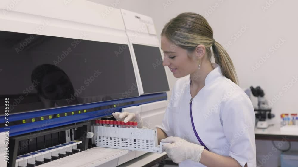 Lab tech loading samples into a chemistry analyzer. female lab tech ...
