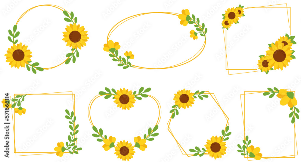 Set illustration of frames of sunflower flowers. Set of sunflowers ...