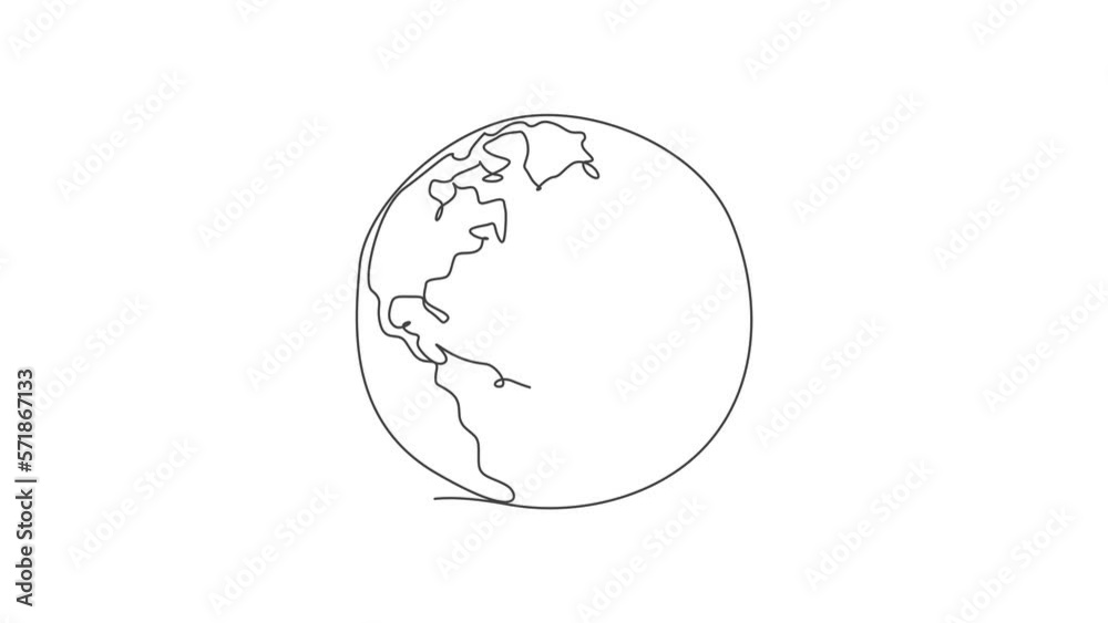 Animation of one line drawing of world map. Globe silhouette for ...