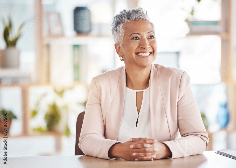 Business, leadership and woman thinking at desk in office, corporate ...