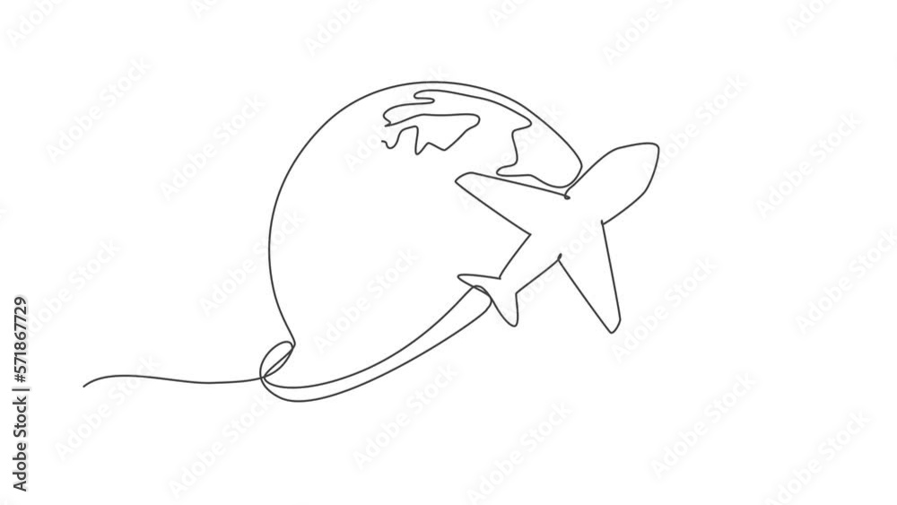 Self drawing animation of single line draw airplane fly through sky ...